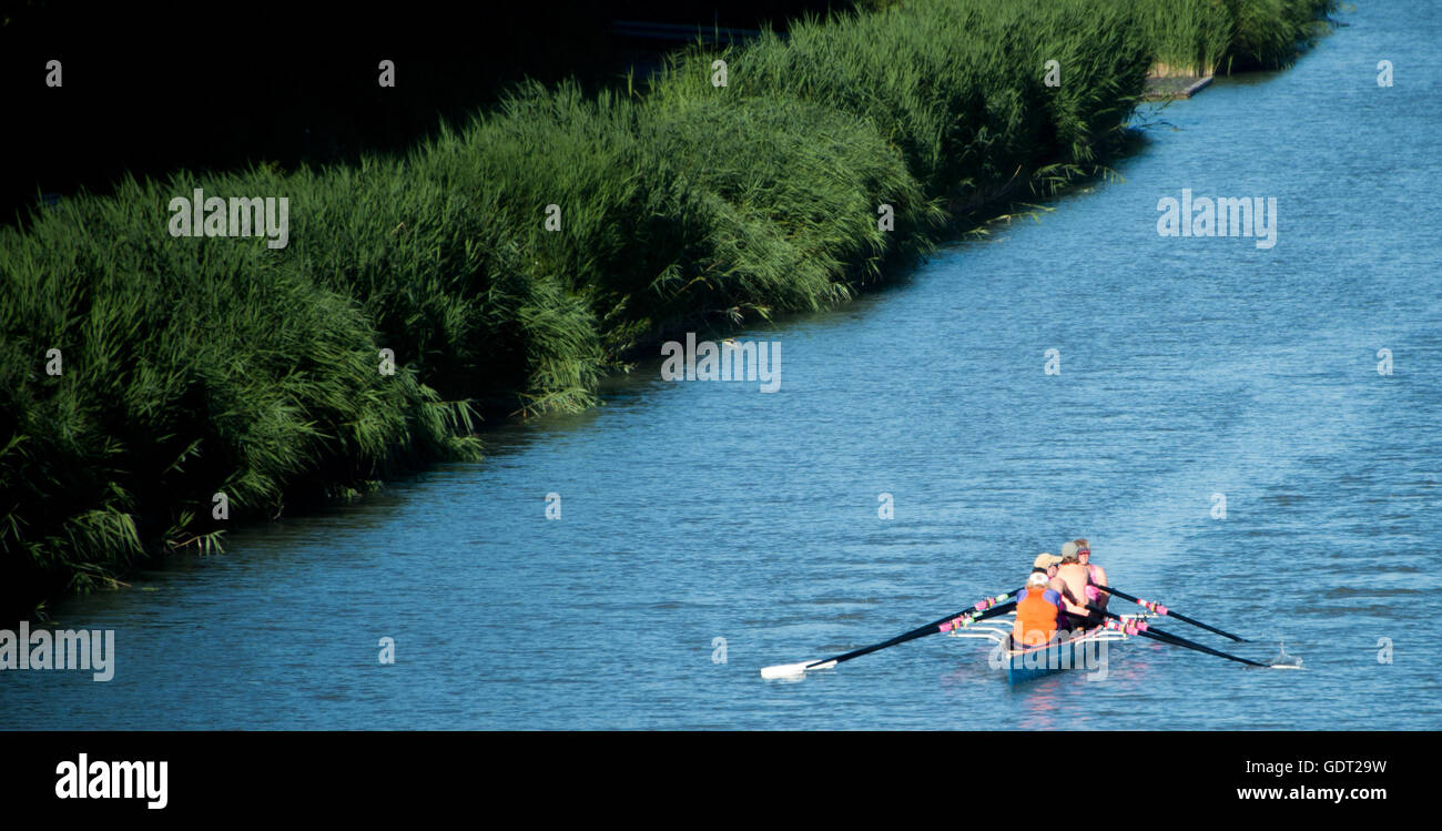 People row a boat along the Mittelland Canal near Sehnde, Germany, 20 ...