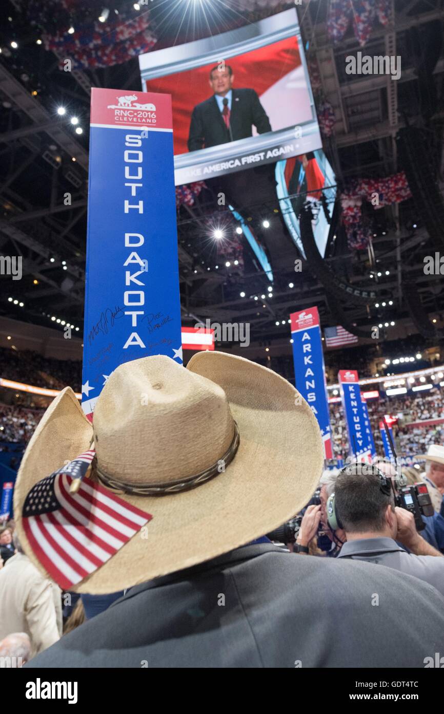 GOP delegates watch Senator Ted Cruz during his address during the ...