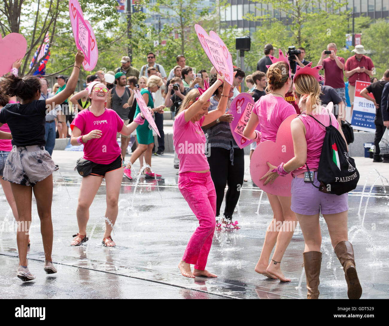 Cleveland, Ohio, USA; July 21, 2016: Members of Code Pink (including ...