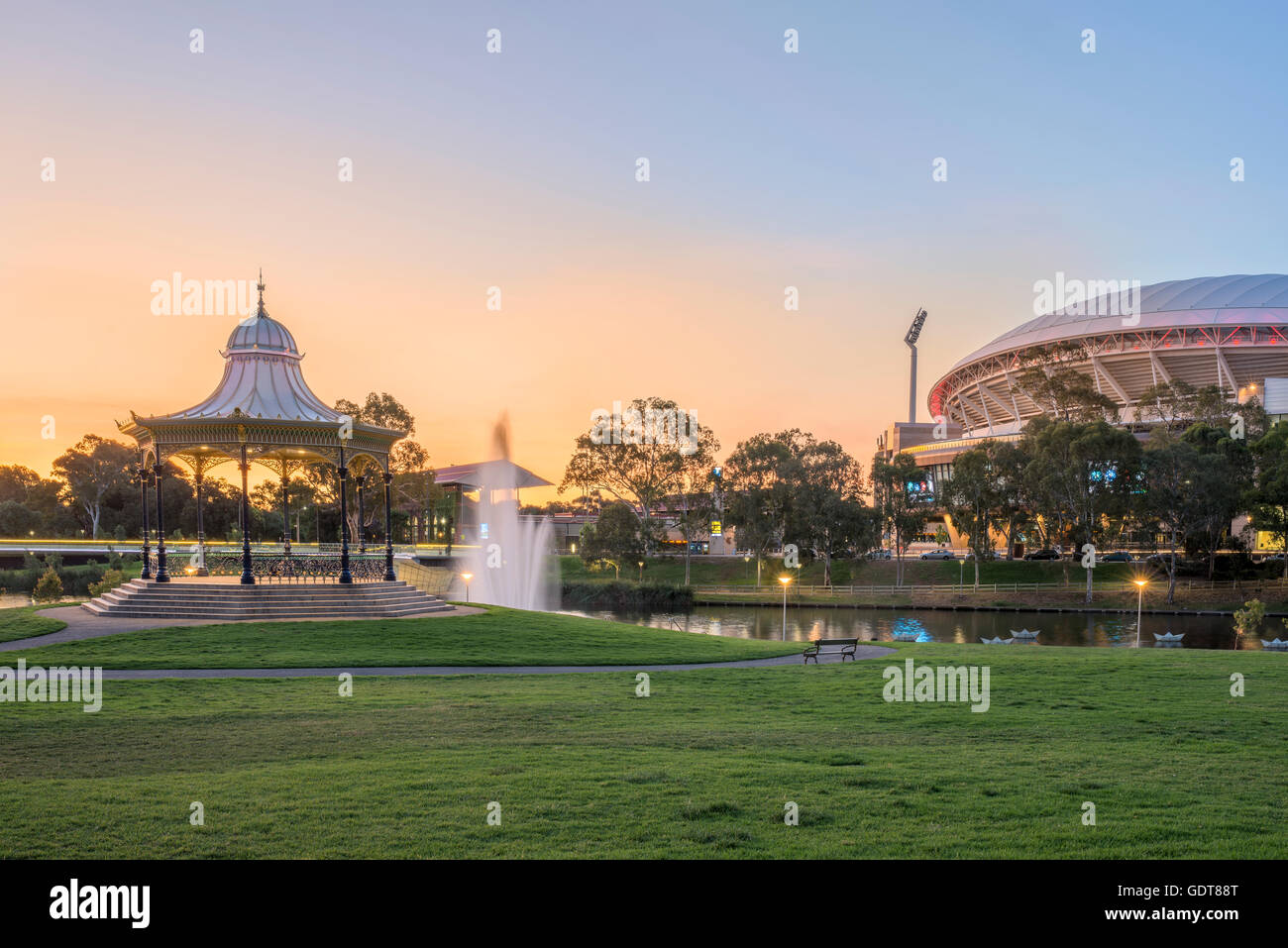Sunset in Adelaide's Riverbank Precinct featuring the ornate Elder Park ...