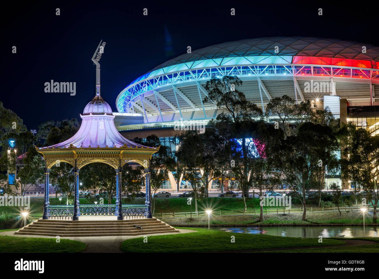 Night in Adelaide's Riverbank Precinct featuring the ornate Elder Park ...