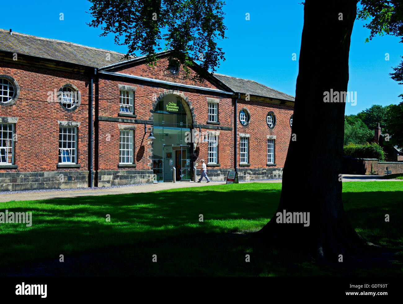 Woman entering the café at Astley Hall, near Chorley, Lancashire ...