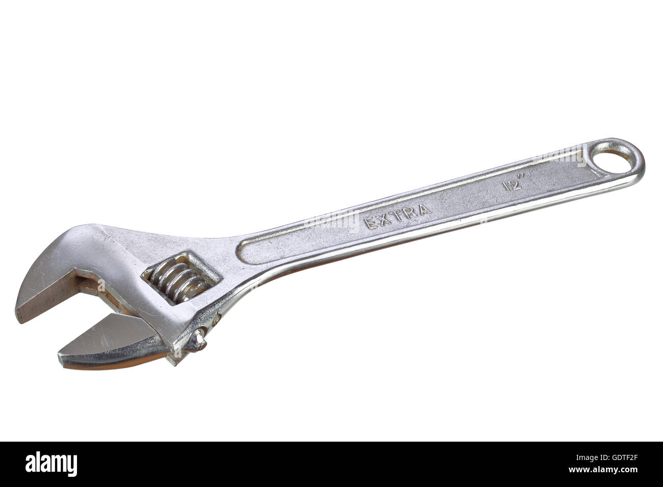A old adjustable wrench isolated on white background, focus fusion ...
