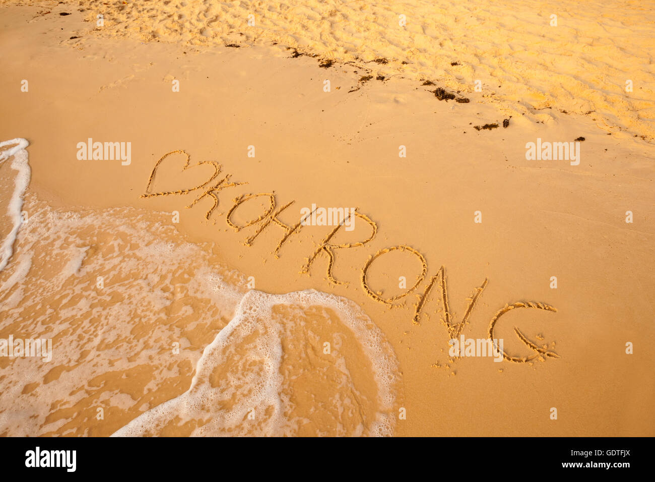 Name of Cambodian island Koh Rong signed on beach. South east Asia ...