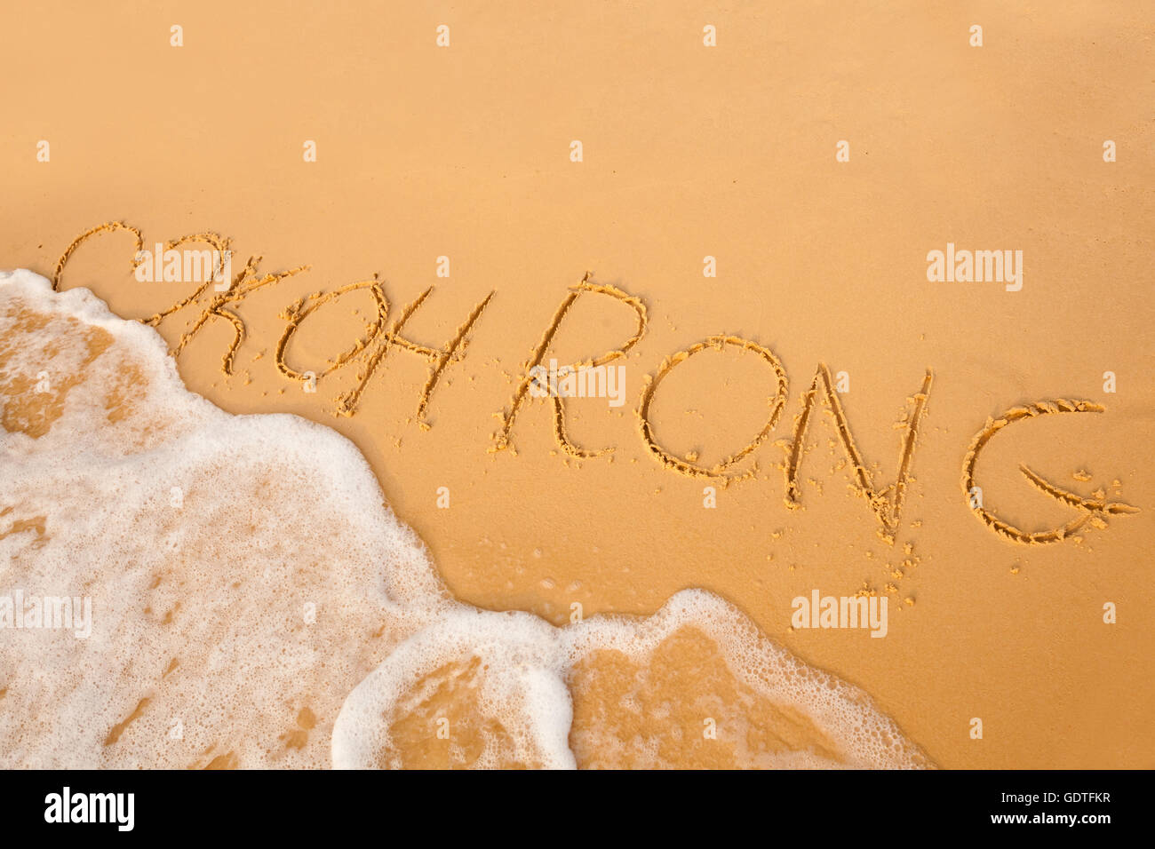 Name of Cambodian island Koh Rong signed on beach. South east Asia ...