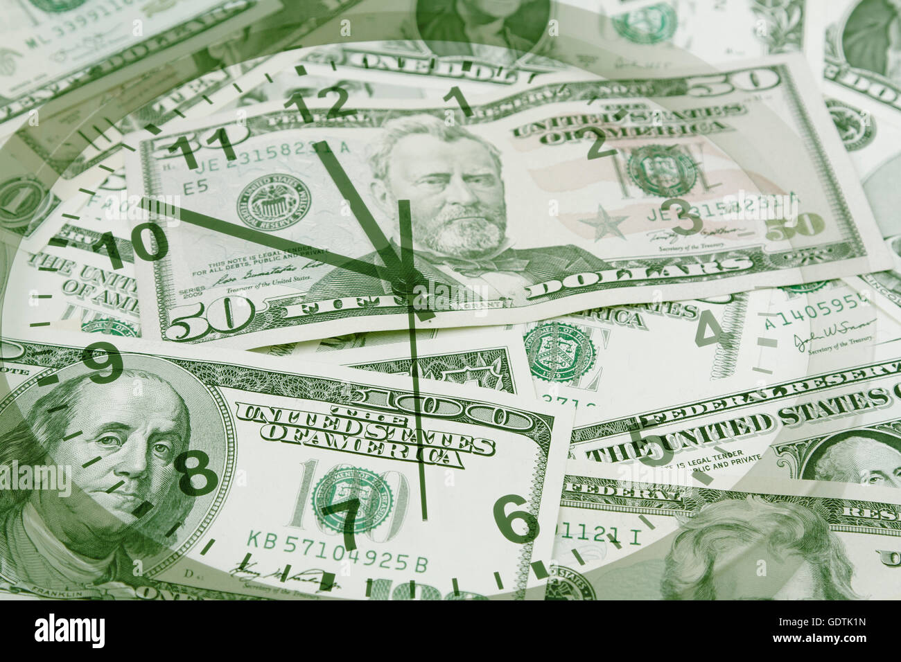 Clock face and American currency Stock Photo - Alamy