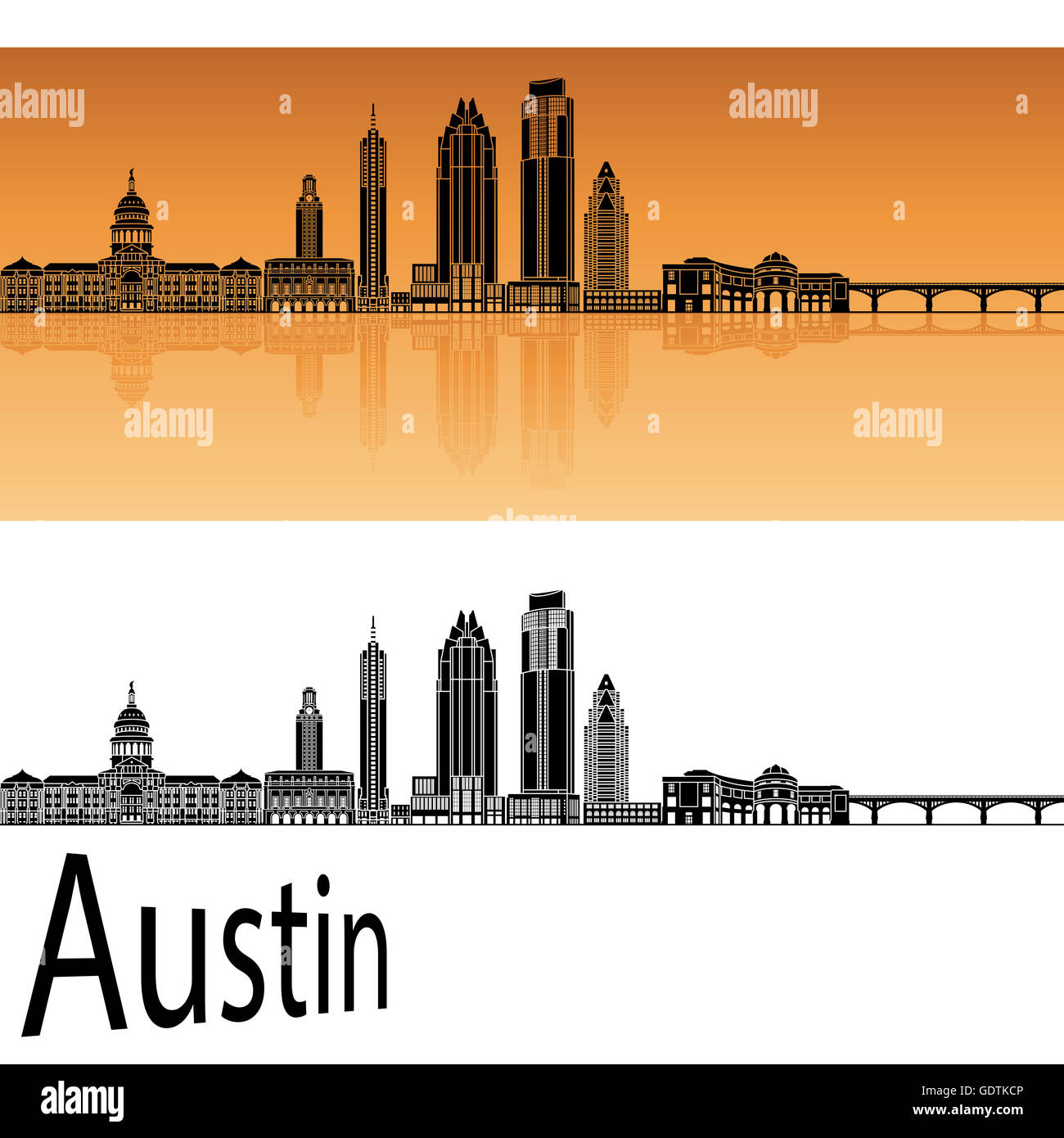Austin skyline in orange background in editable vector file Stock Photo ...