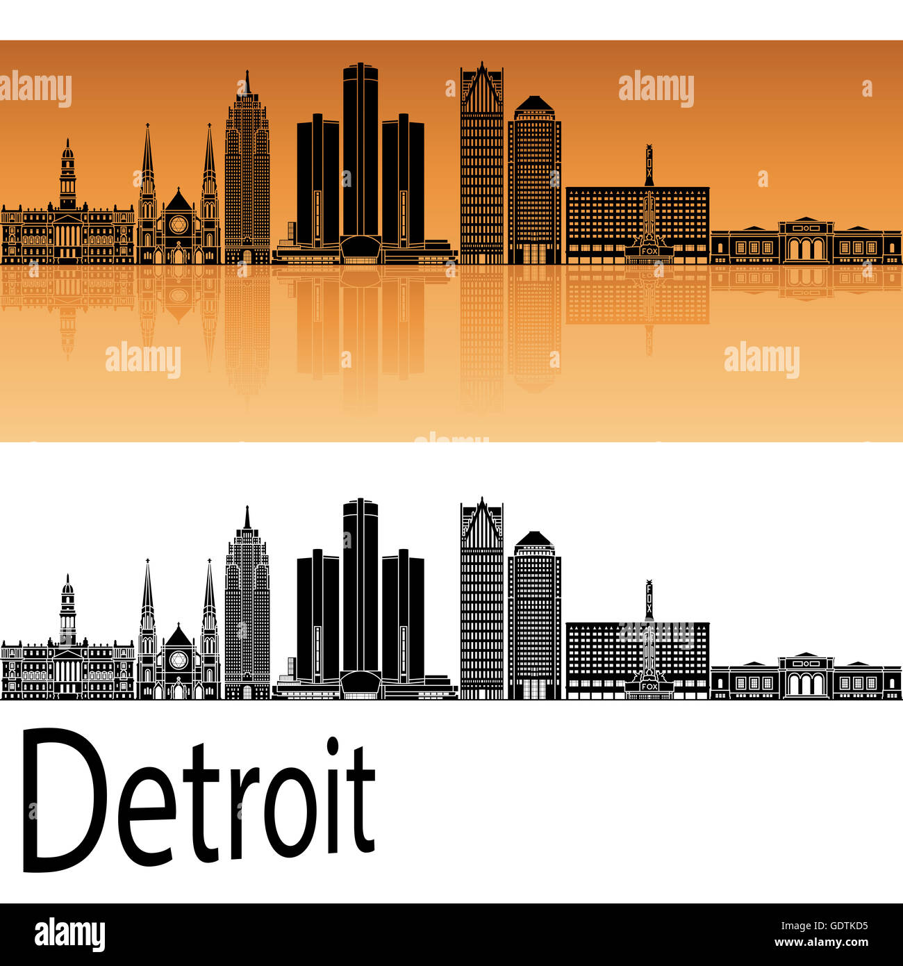 Detroit skyline in orange background in editable vector file Stock ...