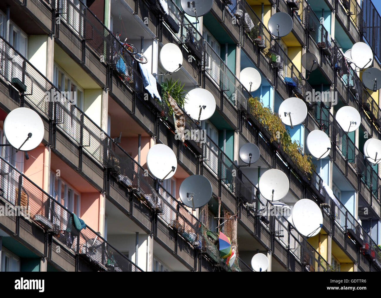 Satellite dishes on a residential building Stock Photo - Alamy