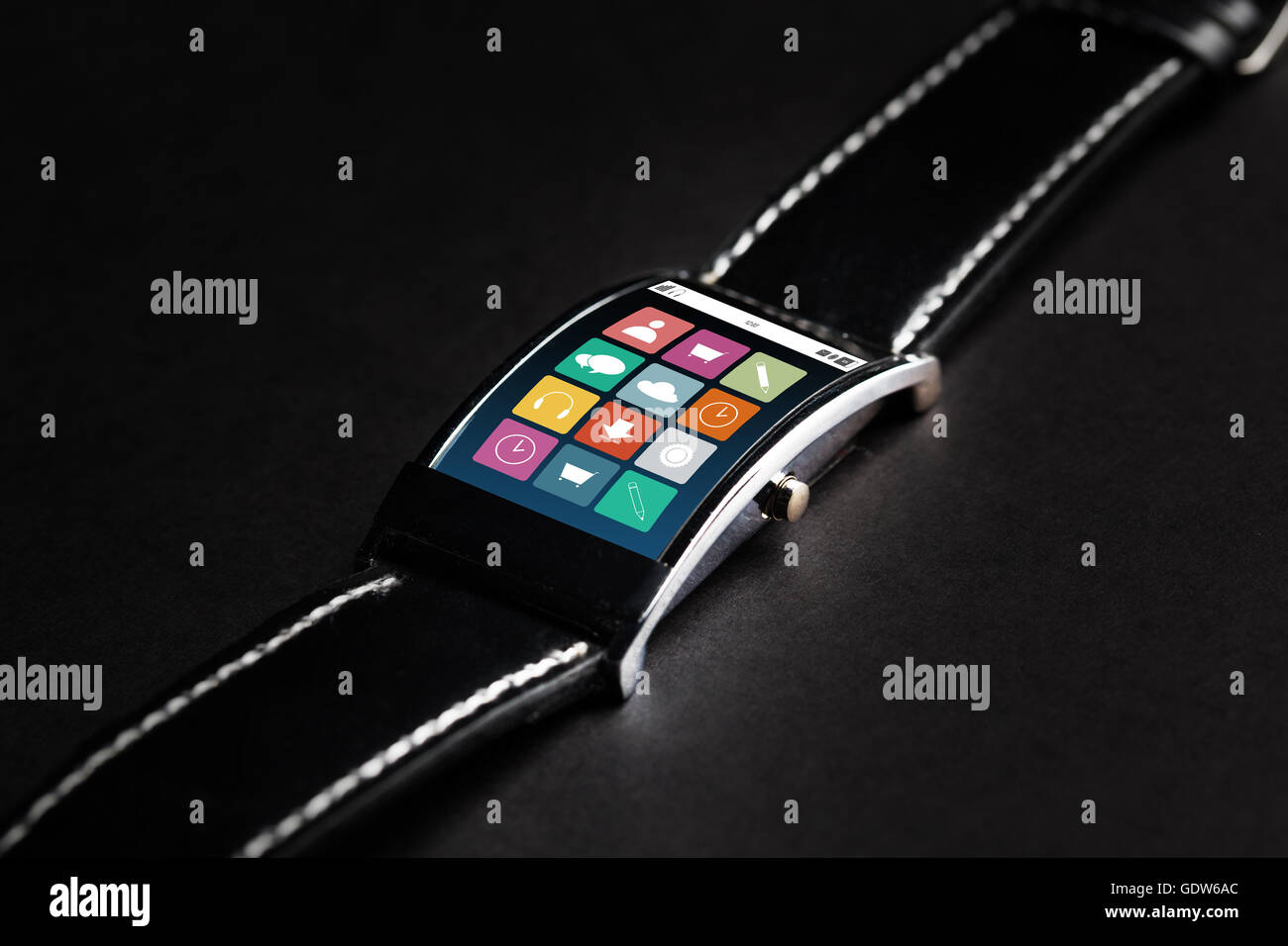 close up of smart watch with menu icons on screen Stock Photo - Alamy