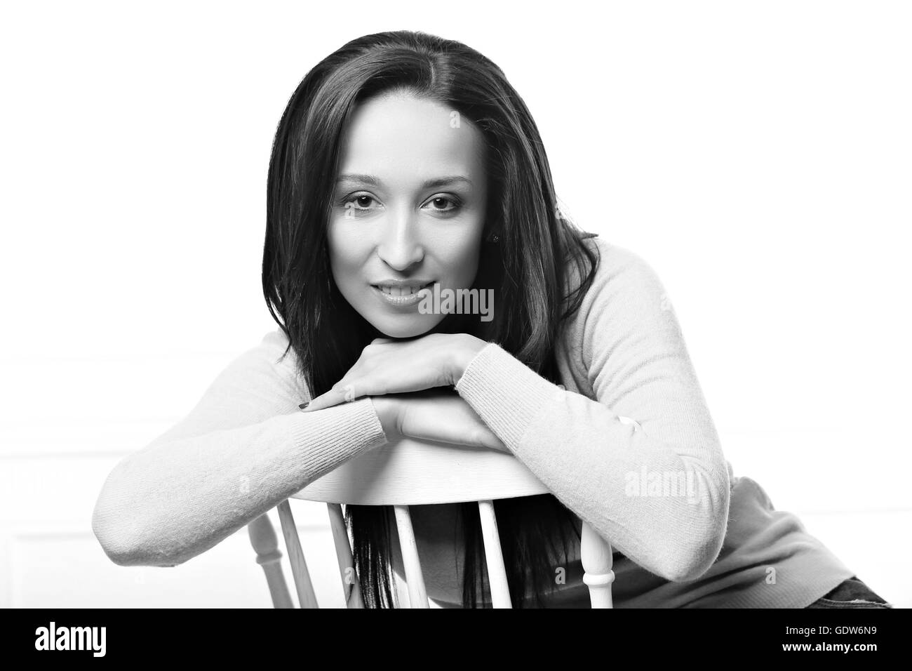 Happy woman in white blouse Black and White Stock Photos & Images - Alamy