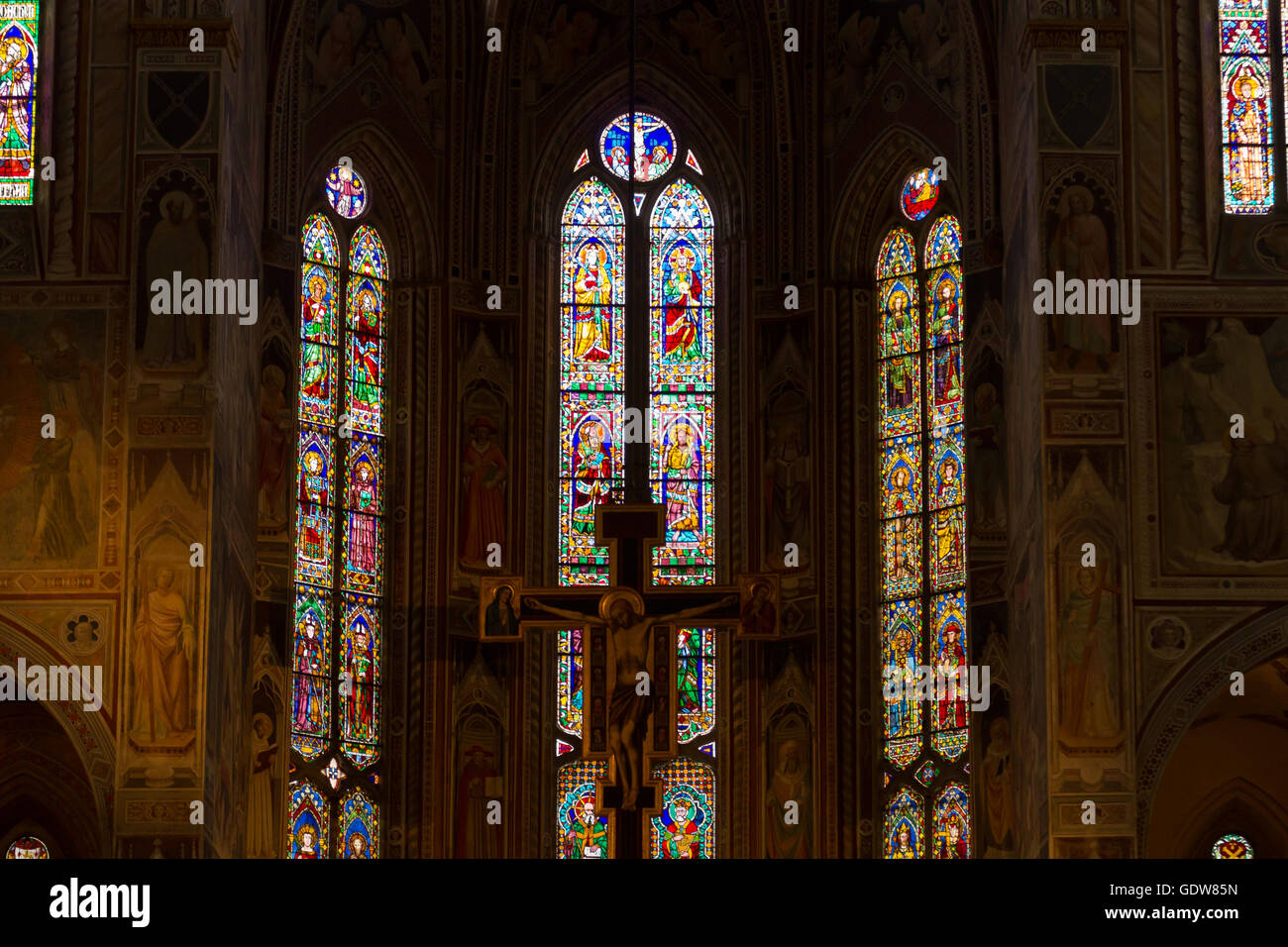 View of colored windows inside a church, Florence, Italy Stock Photo ...