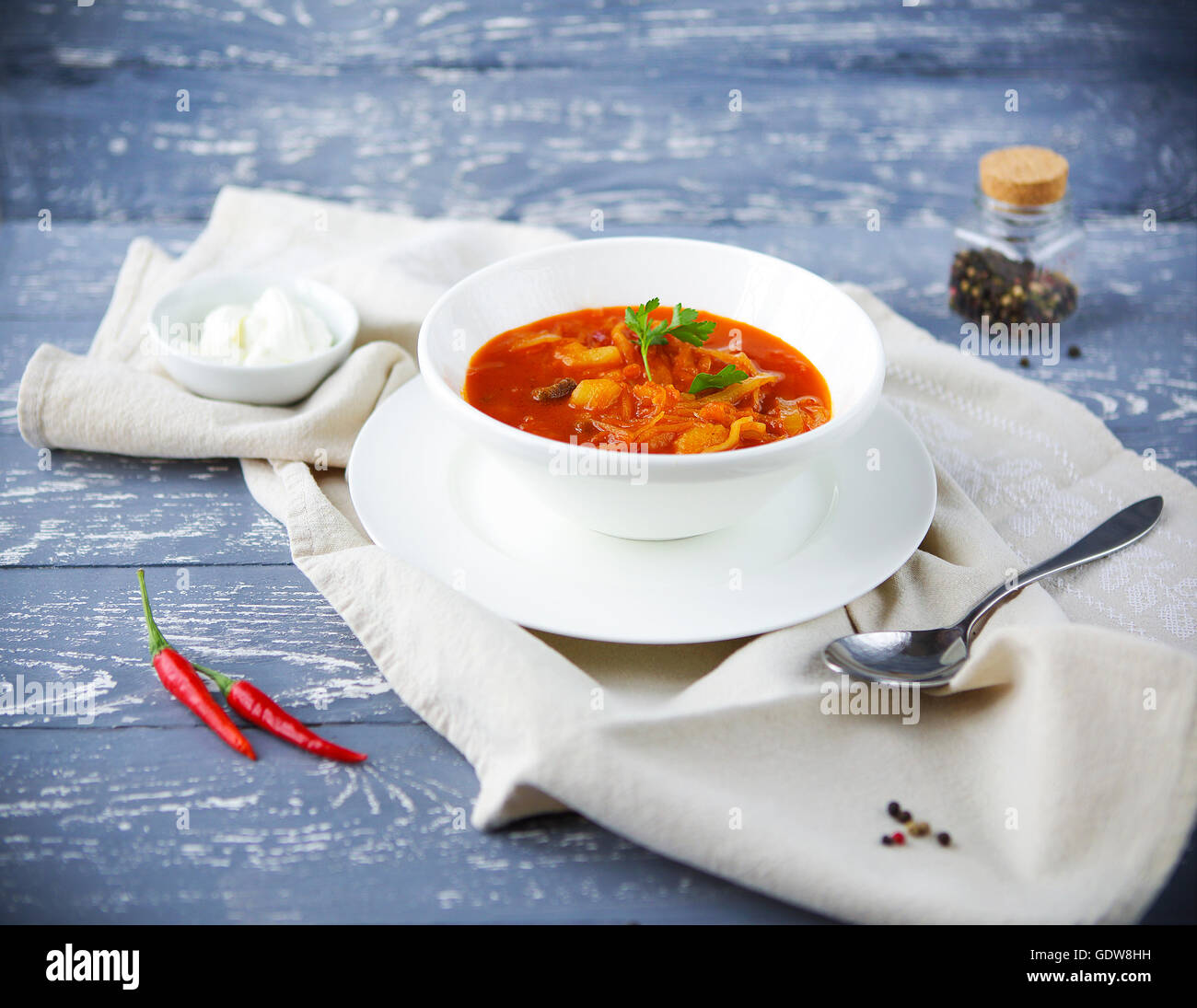 Borsch, russian national red soup on the wooden background Stock Photo ...
