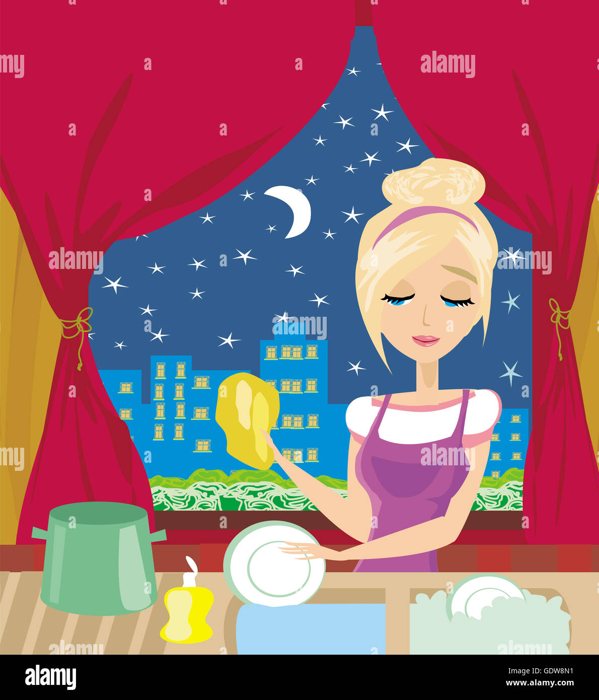 housewife washing the dishes at night Stock Photo - Alamy