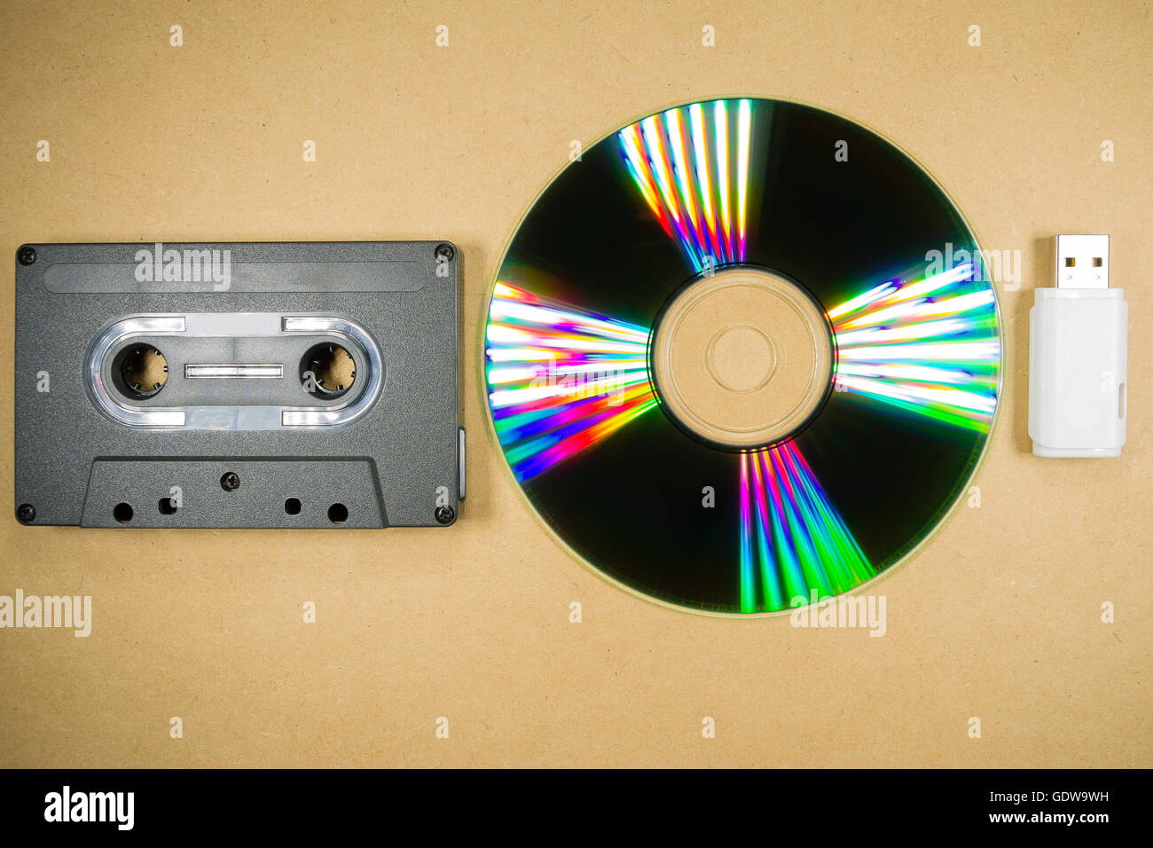 Concept of music evolution. Musicassette, cd and usb support. Vintage ...