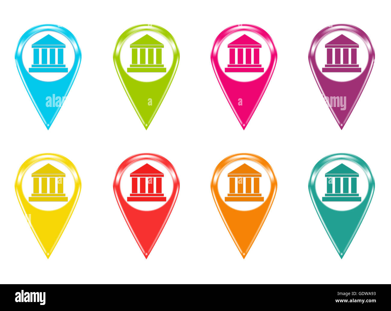 Set of colorful rounded icons for markers on maps with legal symbol ...