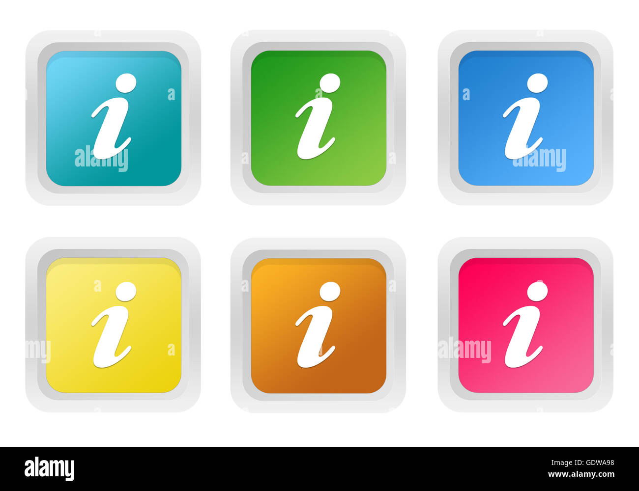 Set of squared colorful buttons with information symbol in blue, green ...