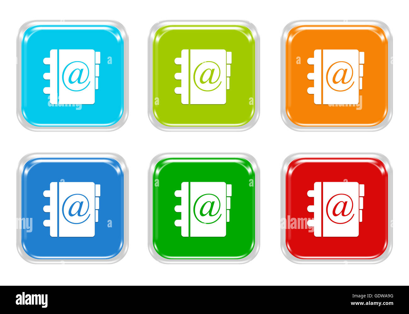 Set of squared colorful buttons with address book symbol in blue, green ...