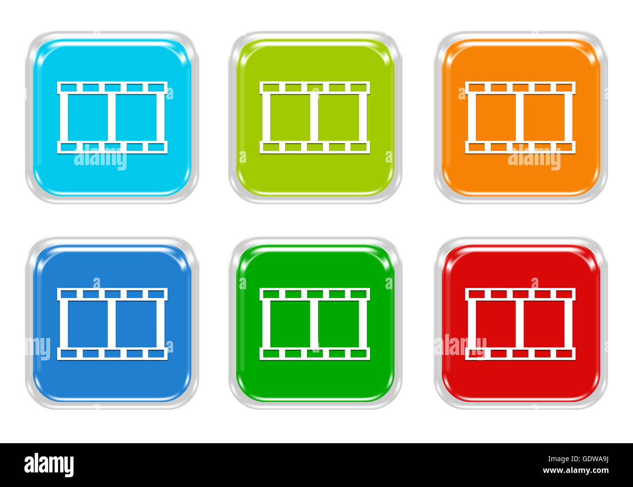 Set of squared colorful buttons with movie symbol in blue, green, red ...