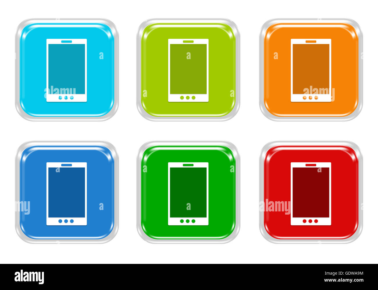 Set of squared colorful buttons with phone symbol in blue, green, red ...