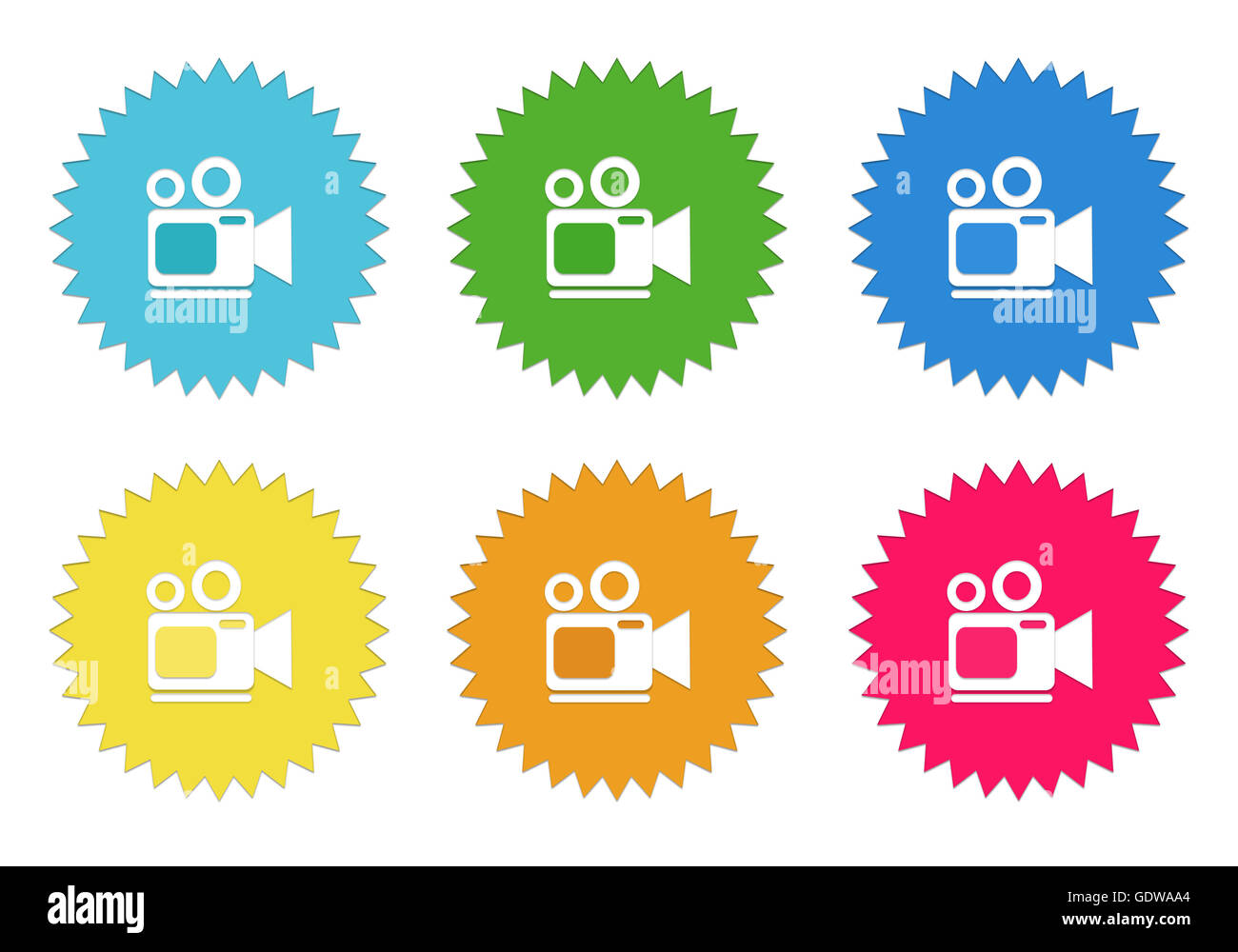 Set of colorful stickers icons with camcorder symbol in blue, green ...