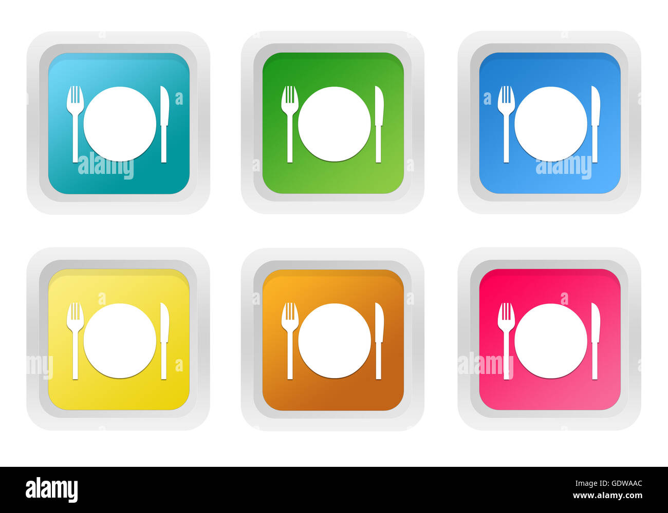 Set of squared colorful buttons with restaurant symbol in blue, green ...
