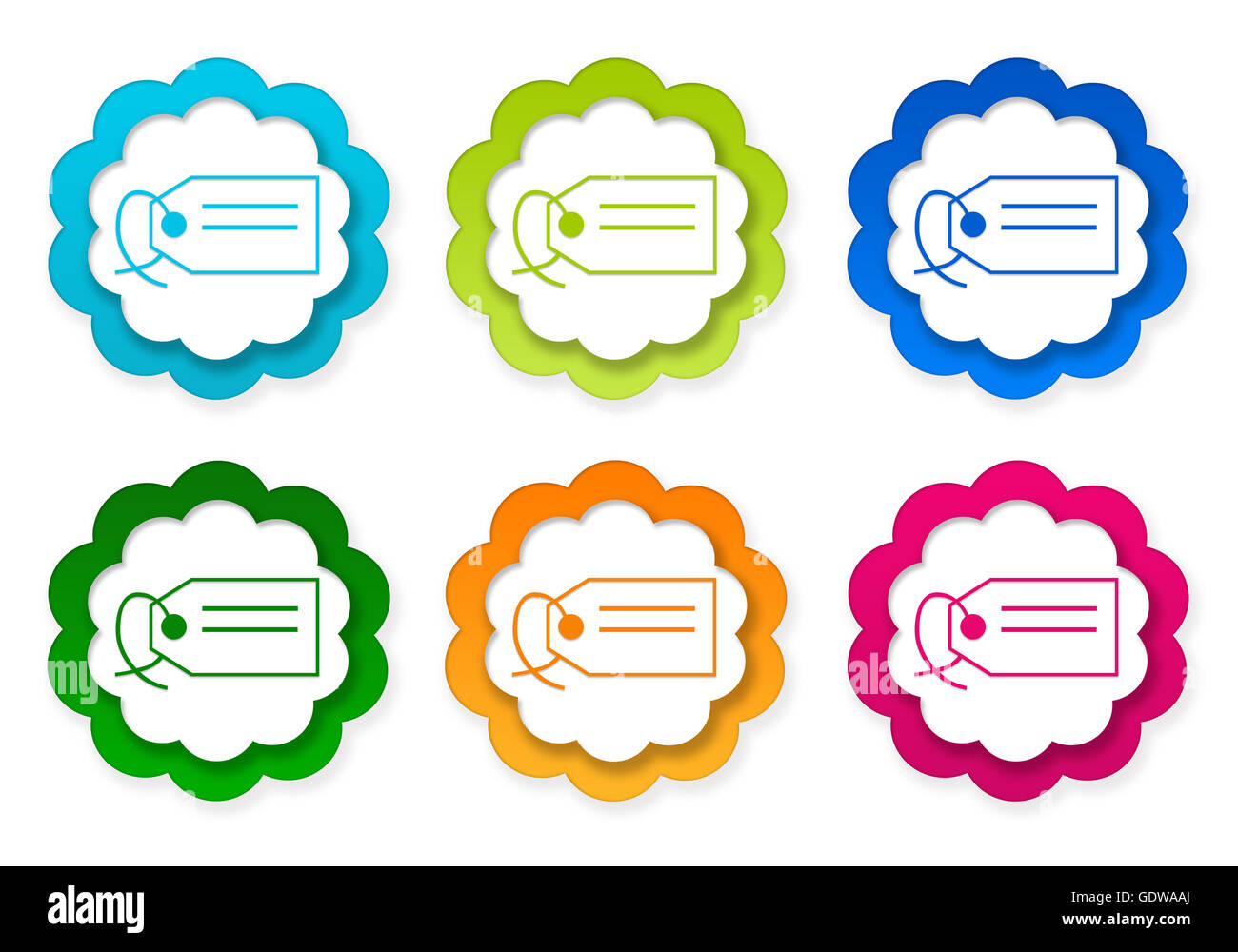 Set of colorful stickers icons with label symbol in blue, green, pink ...