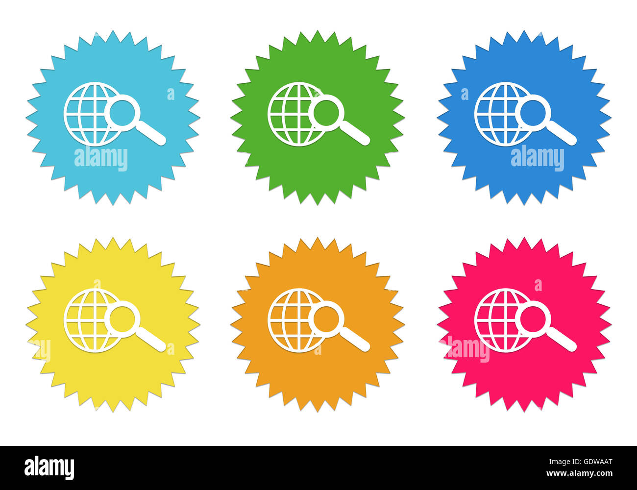 Set of colorful stickers icons with search symbol in blue, green ...