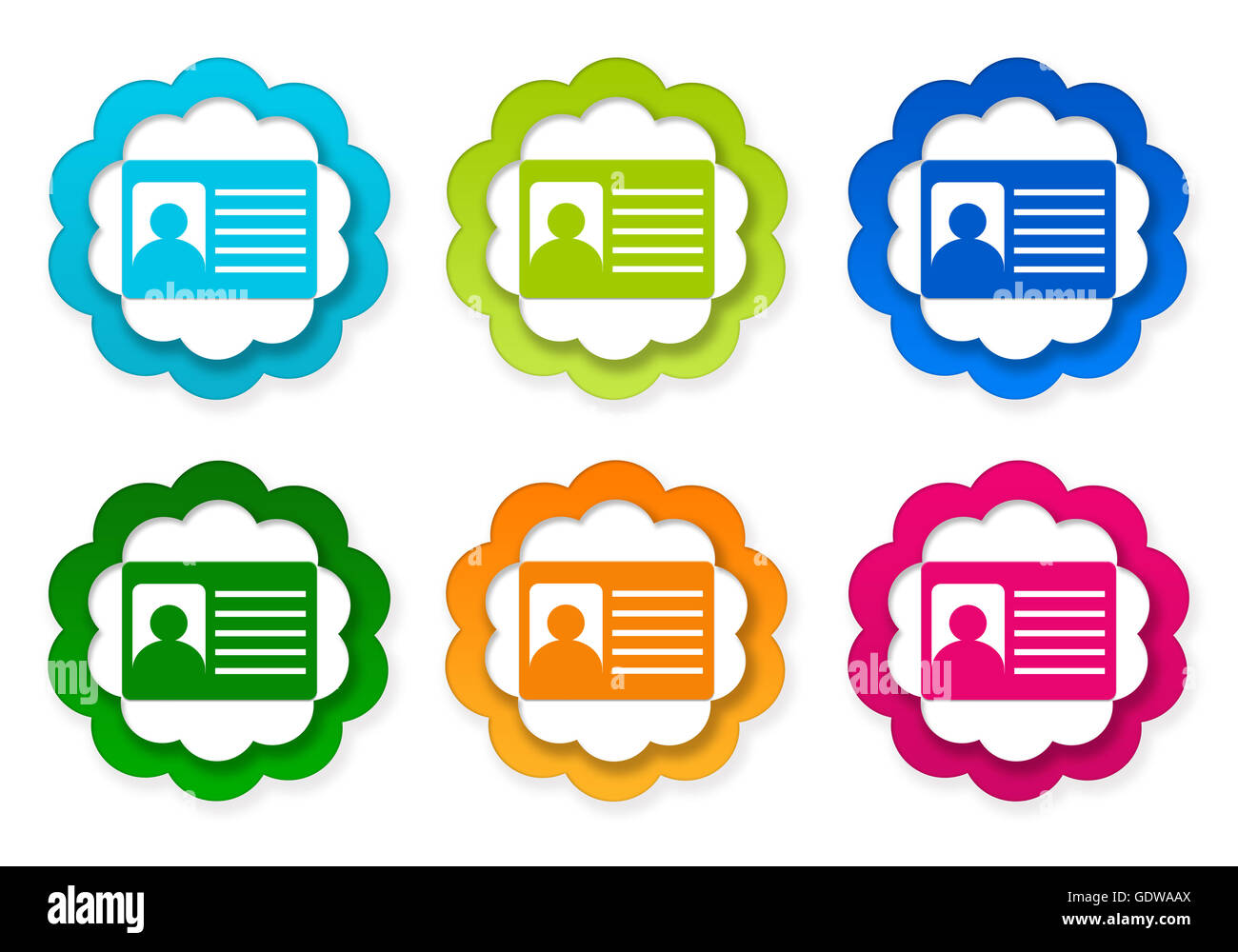 Set of colorful stickers icons with identification card symbol in blue ...