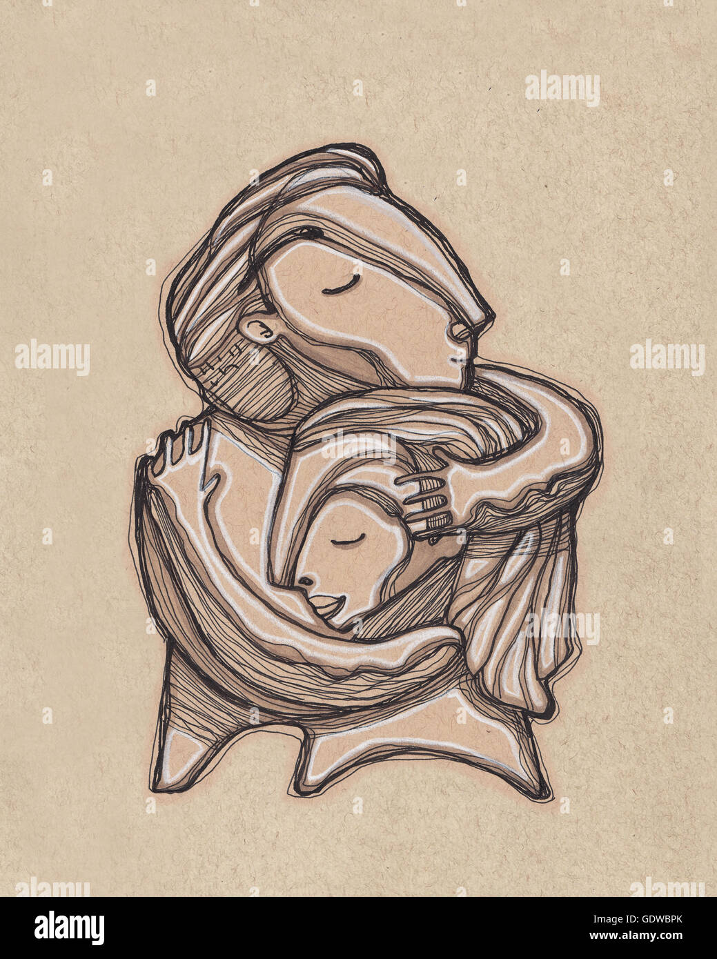 Hand drawn illustration or drawing of a man and a woman hugging each ...