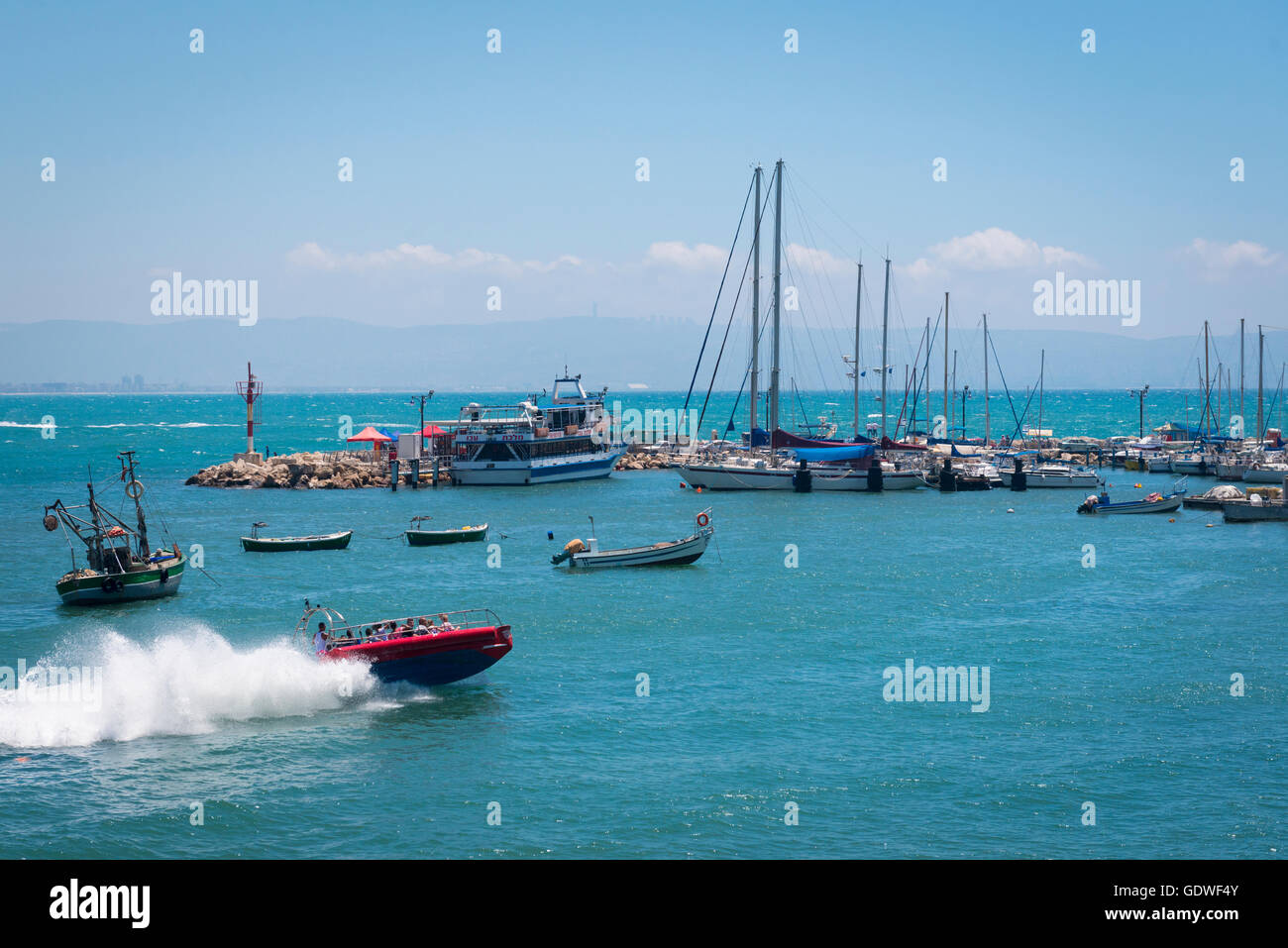 Israel Akko Acre harbour port entrance with tourist speedboat Stock ...