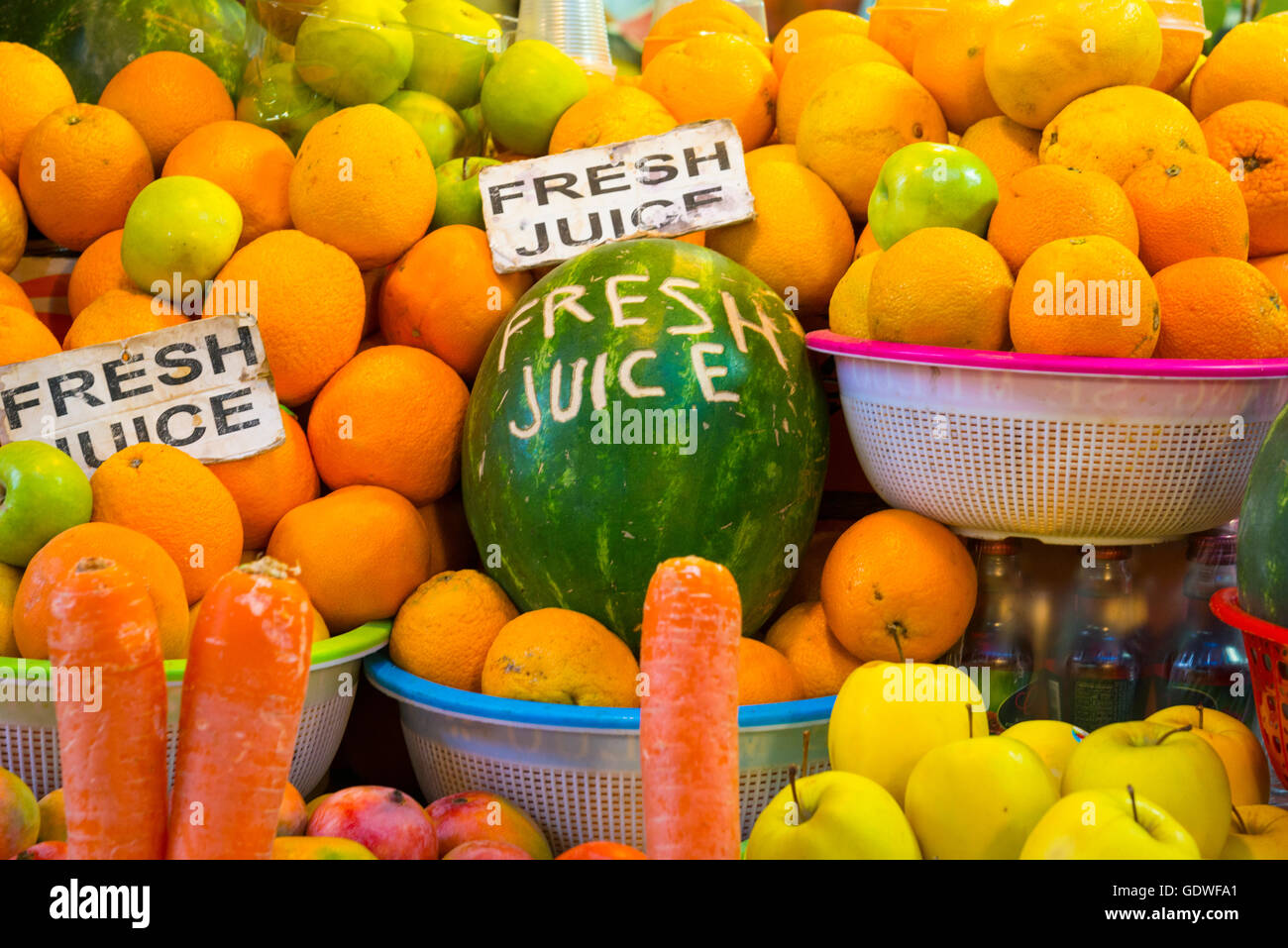 Israel Jerusalem Old City typical fresh fruit juice stall oranges water ...