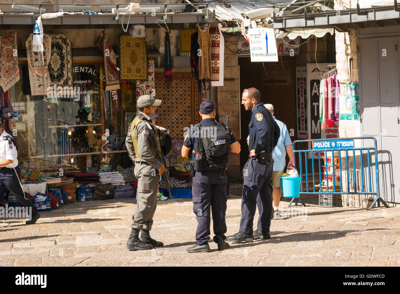 Israel Jerusalem Old City Jaffa Gate area soldier chats with police ...