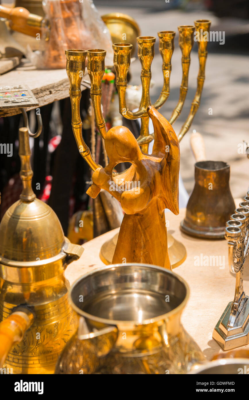 Israel Nazareth souvenir stall with Jewish & Christian religious ...
