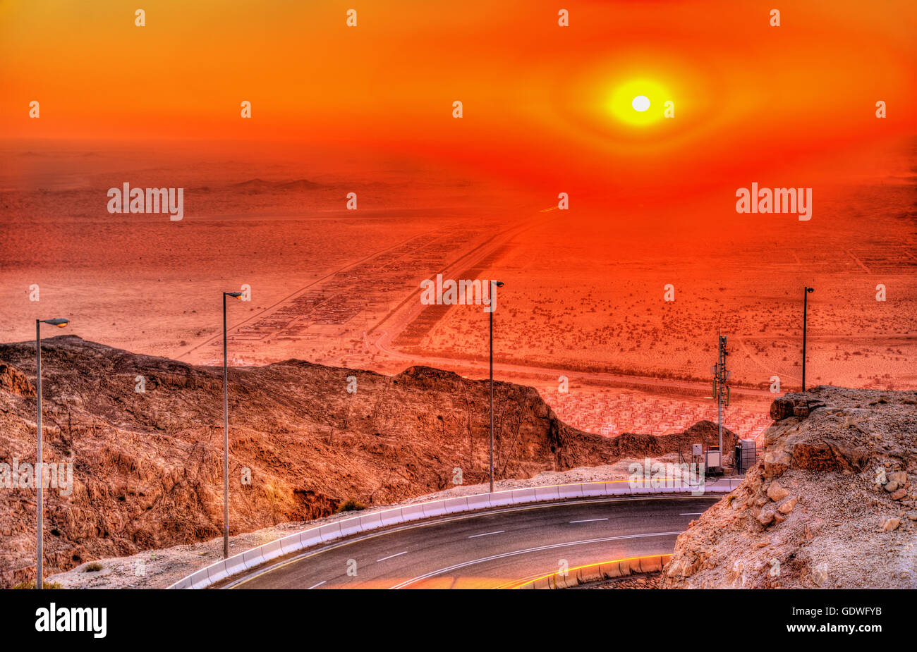 Sunset as seen from Jebel Hafeet mountain, UAE Stock Photo - Alamy