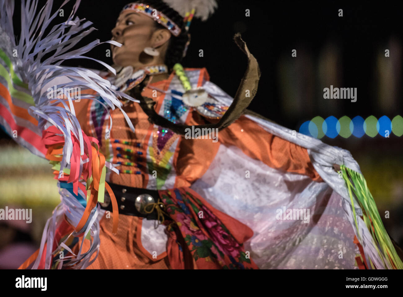 Native American woman performing grass dance during Sac & Fox nation ...