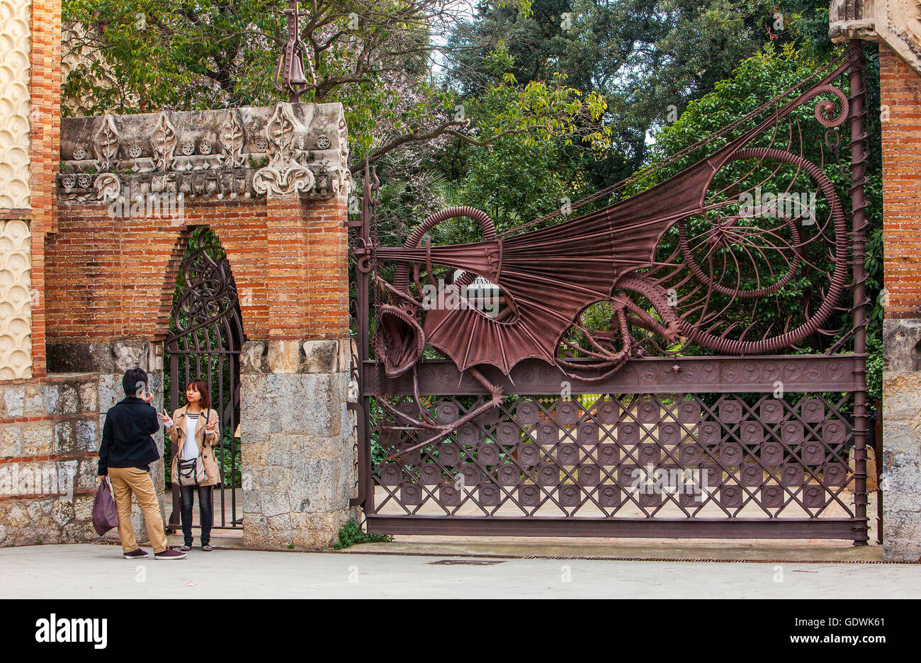 Dragon on iron gate at Pavellons de la Finca Guell, by Antonio Gaudi ...