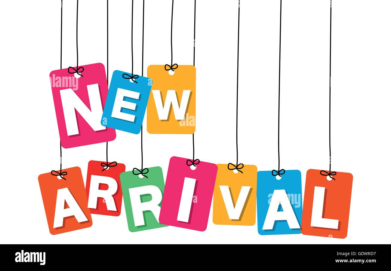 Vector colorful hanging cardboard. Tags - new arrival on white ...