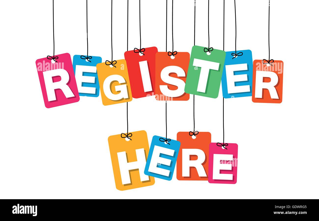 Vector colorful hanging cardboard. Tags - register here on white ...