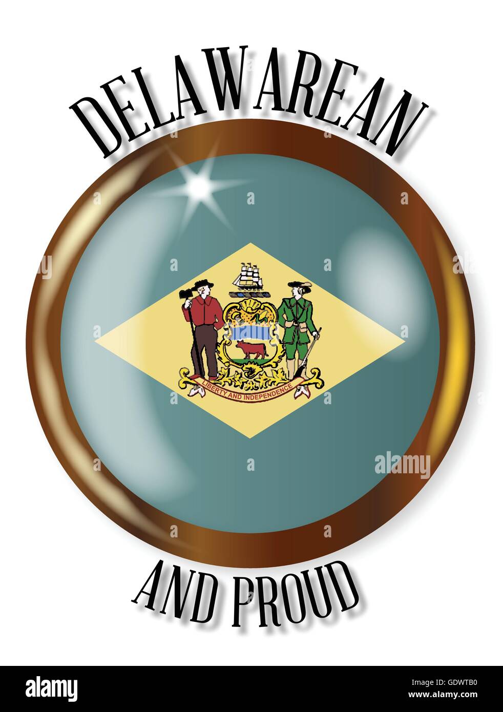 Delaware state flag button with a circular border over a white ...