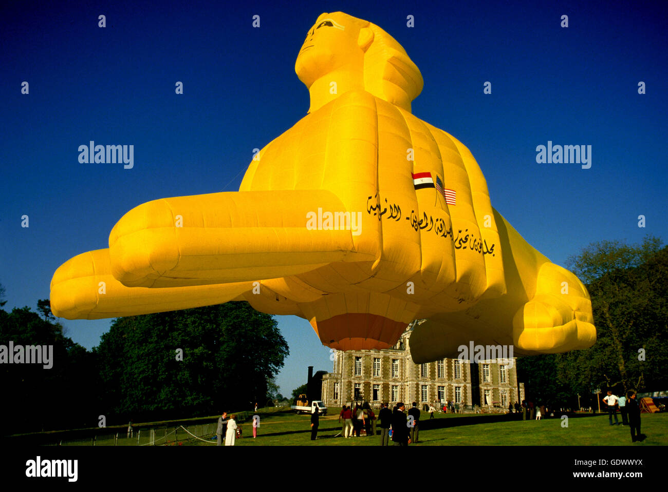 The flying "Sphinx" special shape hot air balloon flying at the Chateau ...