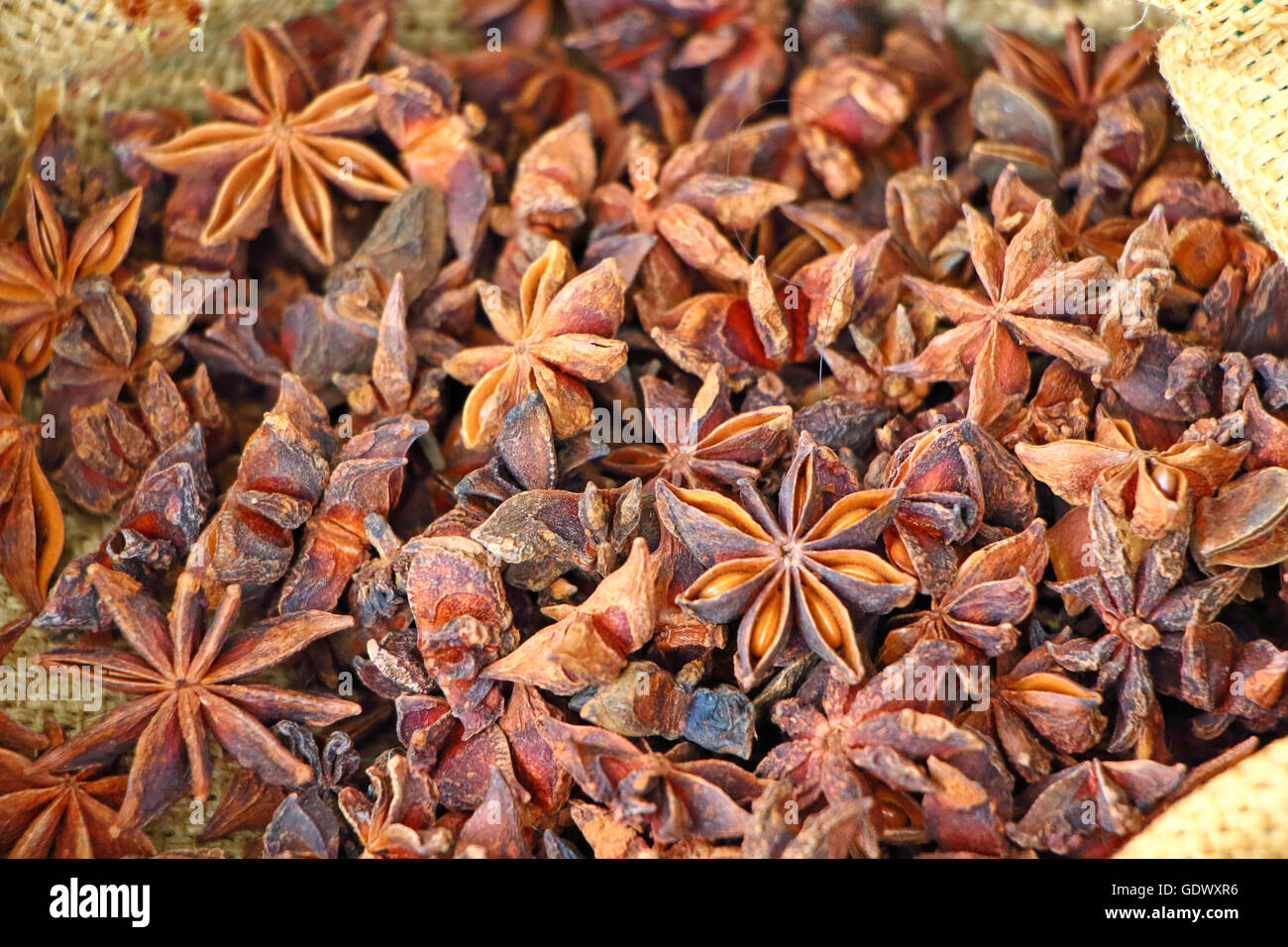 Star Anise on sackcloth, spice of India, badiane, anise background ...