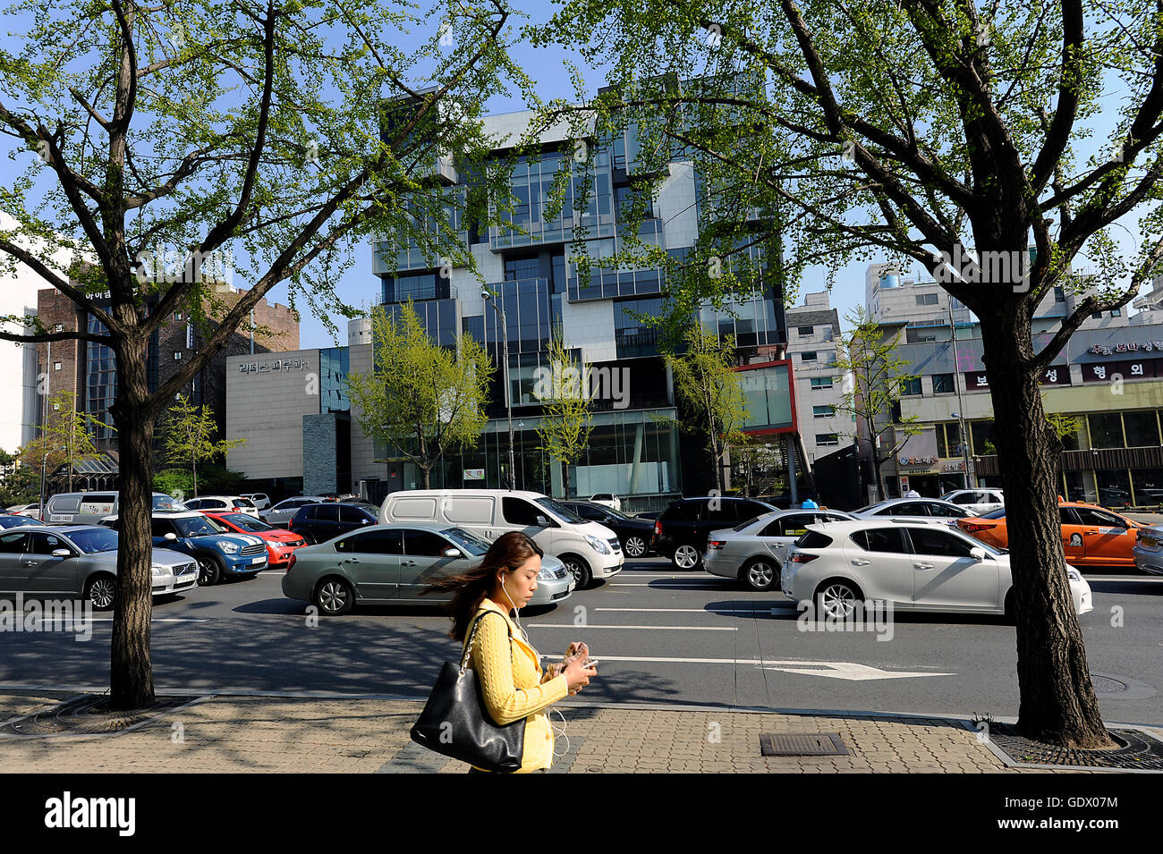 Woman between two trees Stock Photo - Alamy