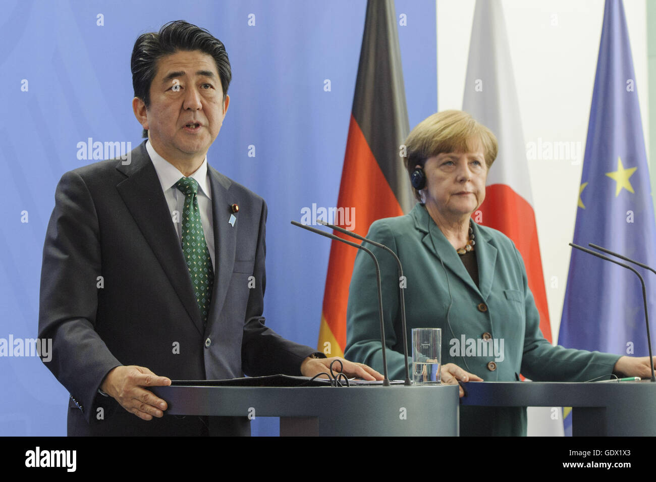 Japanese Prime Minister Shinzo Abe and German Chancellor Angela Merkel ...