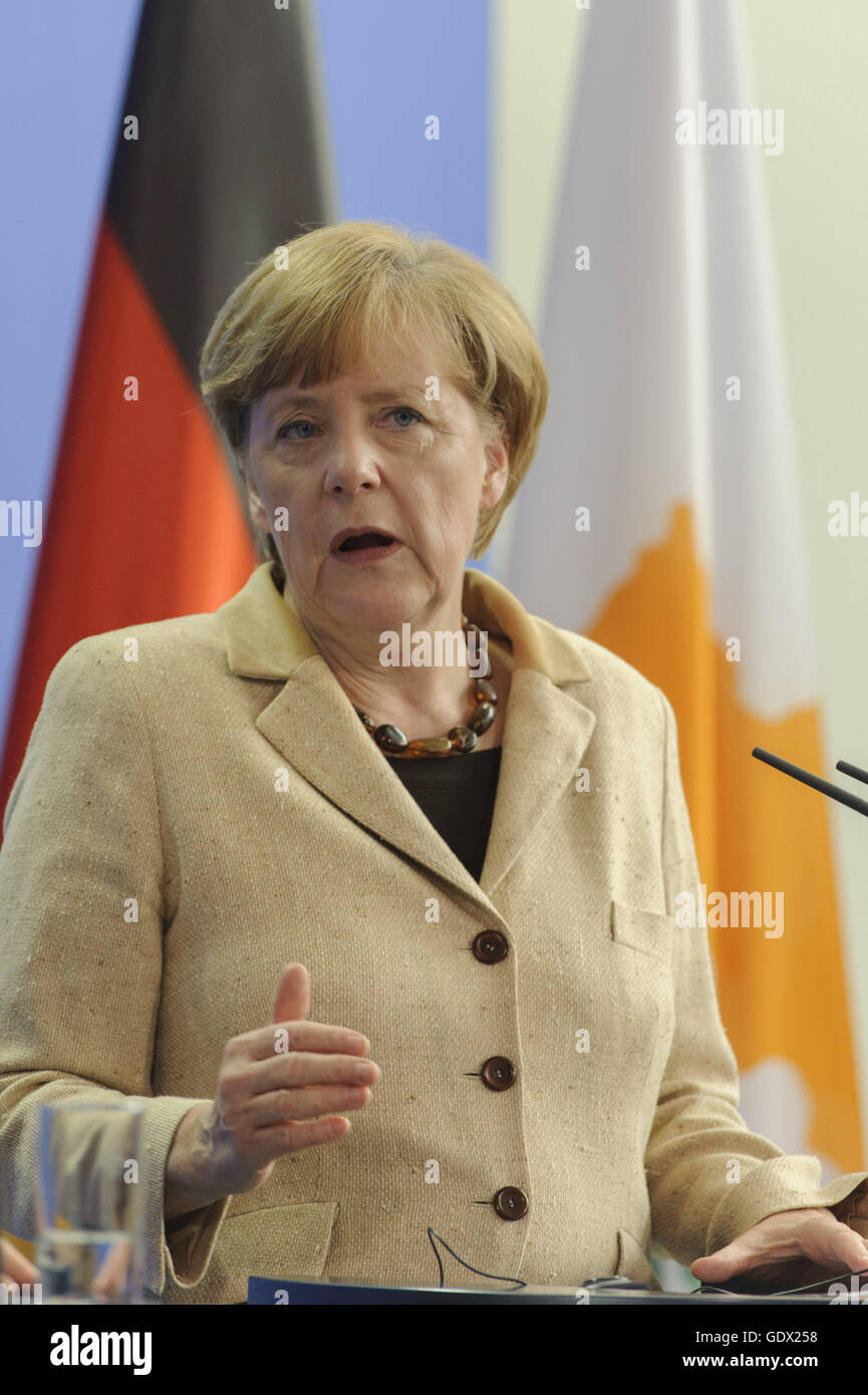 Portrait of German Chancellor Angela Merkel at a press conference with ...