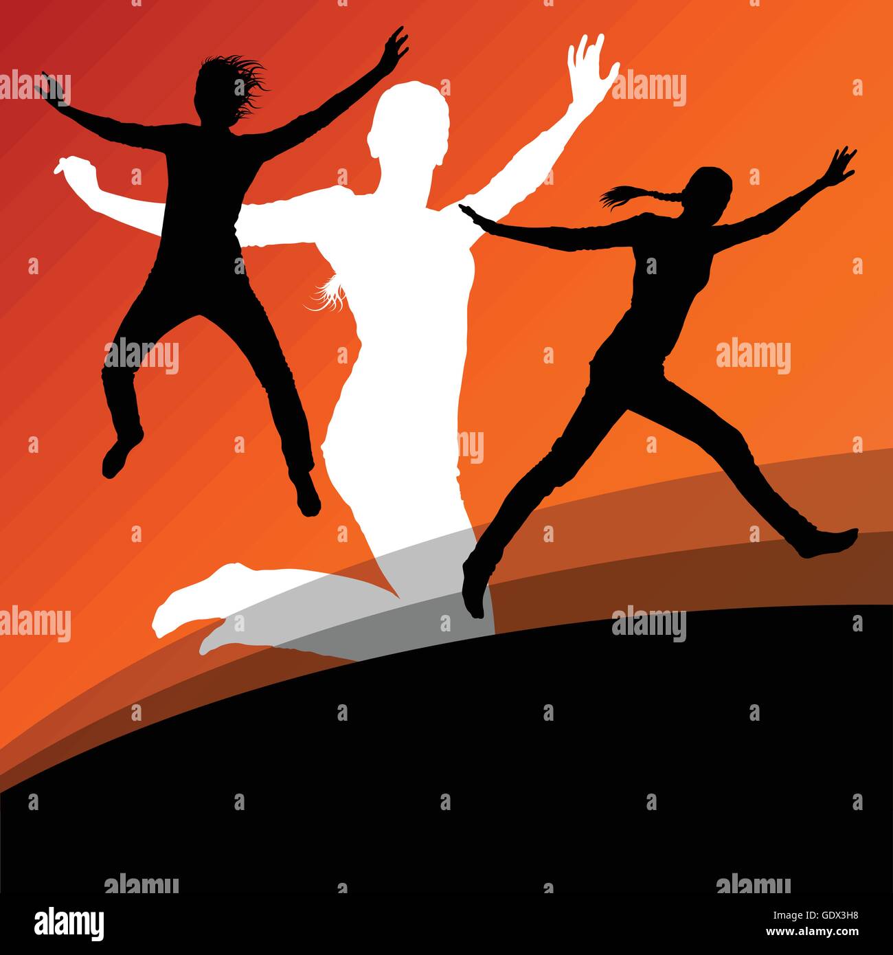 Young women active silhouettes jumping in the air abstract background ...