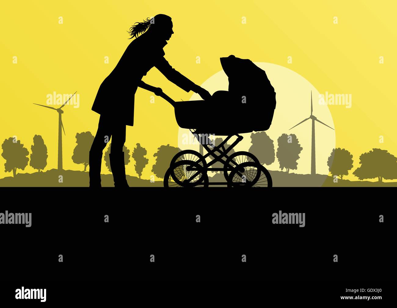 Mother with baby pram outdoor vector ecology background concept Stock ...