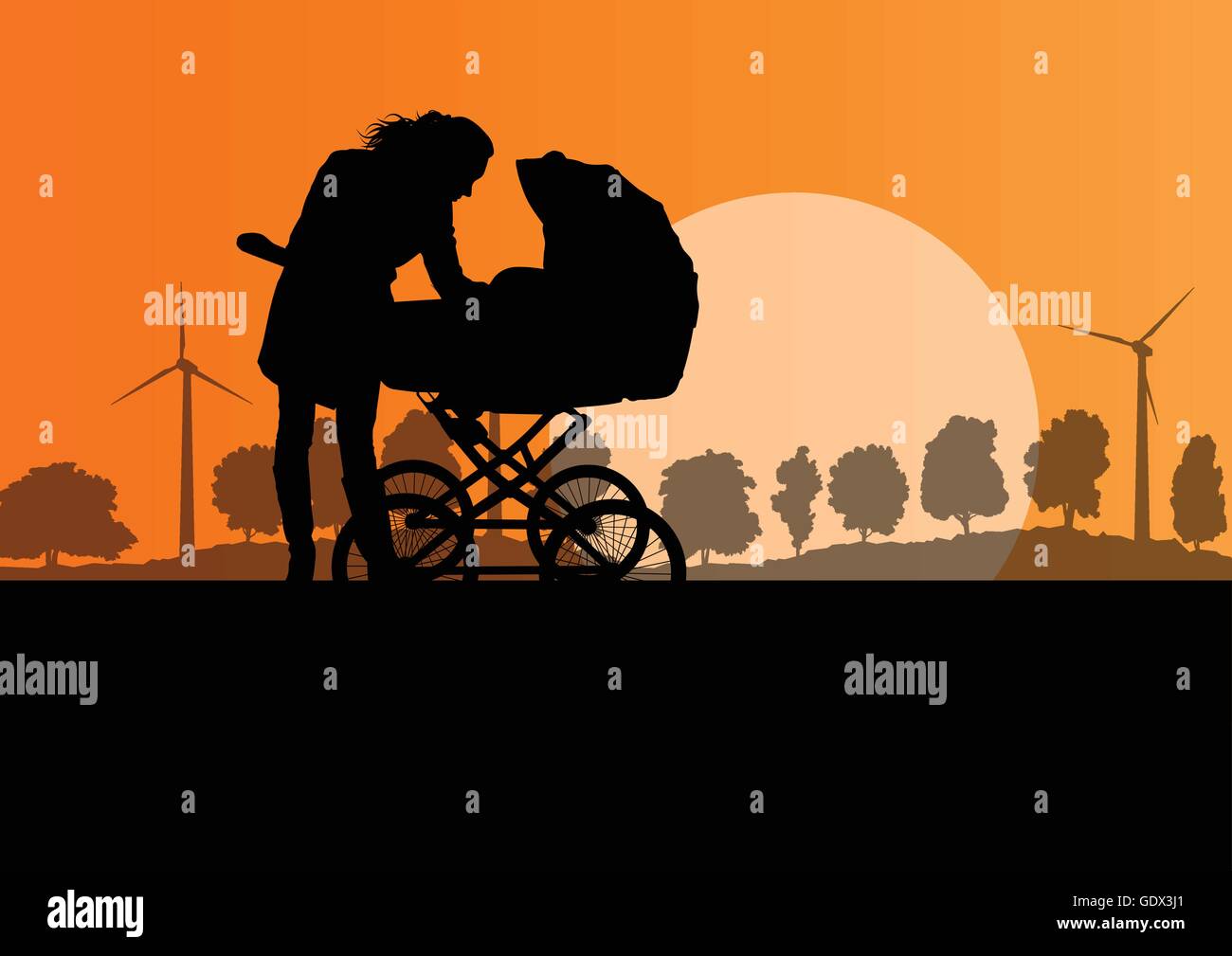 Mother with baby pram outdoor vector ecology background concept Stock ...