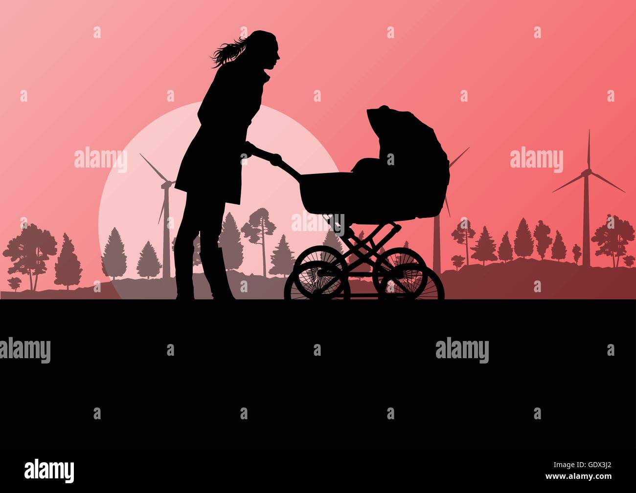 Mother with baby pram outdoor vector ecology background concept Stock ...