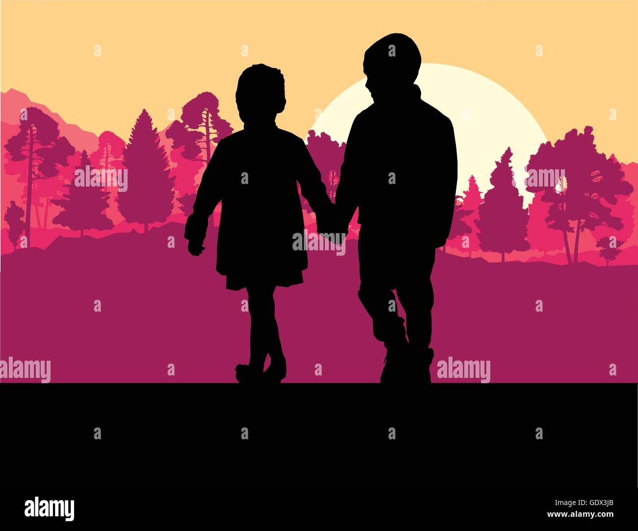 Children friendship vector background vintage concept landscape with ...